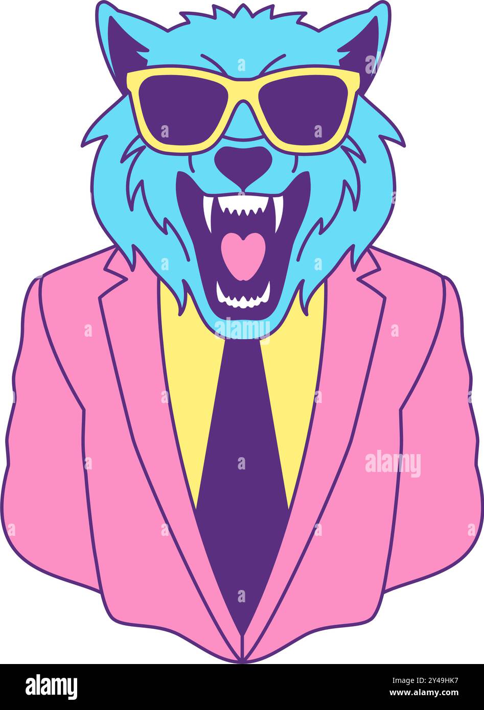 Y2k psychedelic roaring wolf businessman in sunglasses funky contoured ...