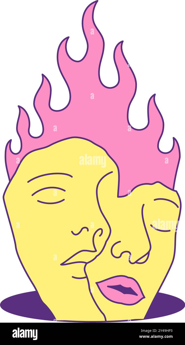 Y2k psychedelic love heart couple face with burn flame in hole icon ...