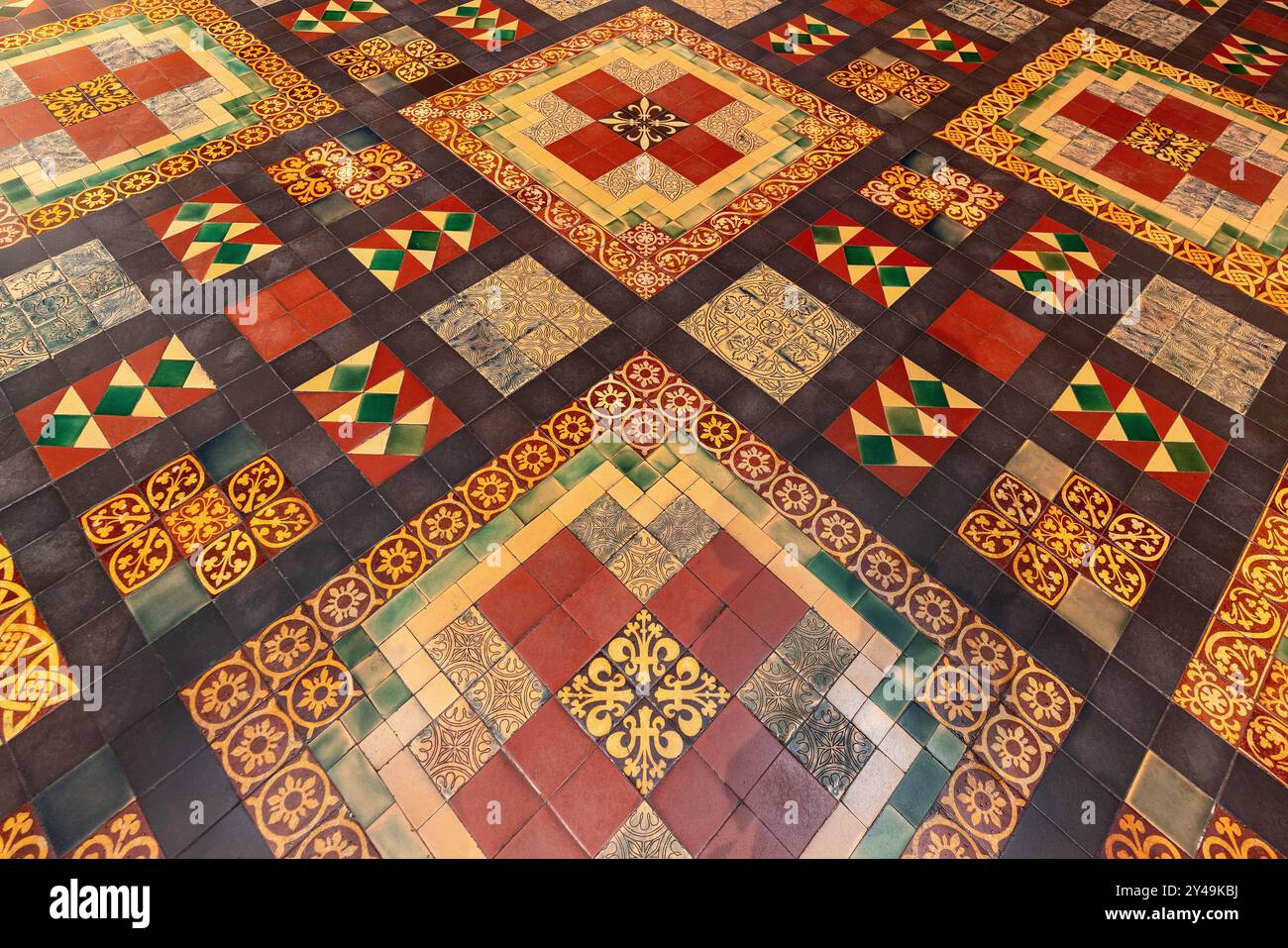 A close-up view of the intricate mosaic floor tiles inside St. Patrick ...