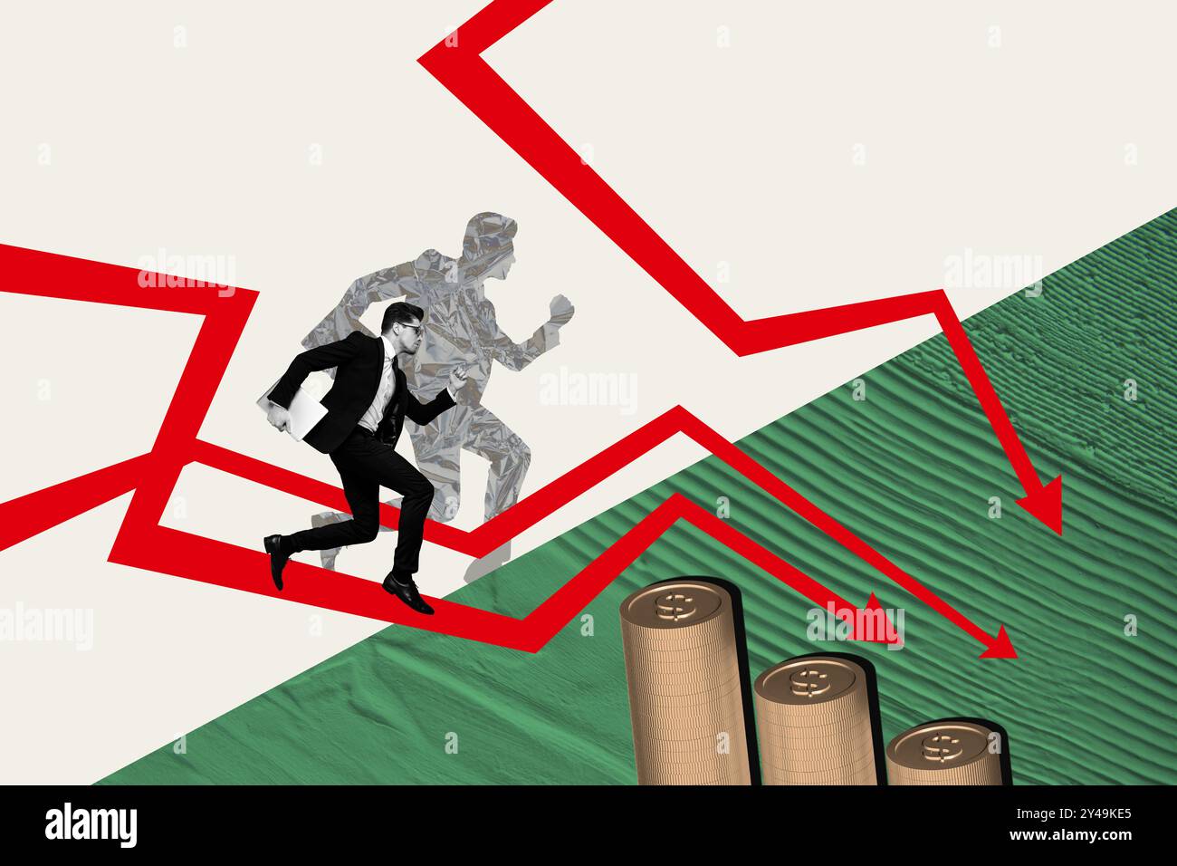 Composite photo collage of serious man freelancer run close door ...