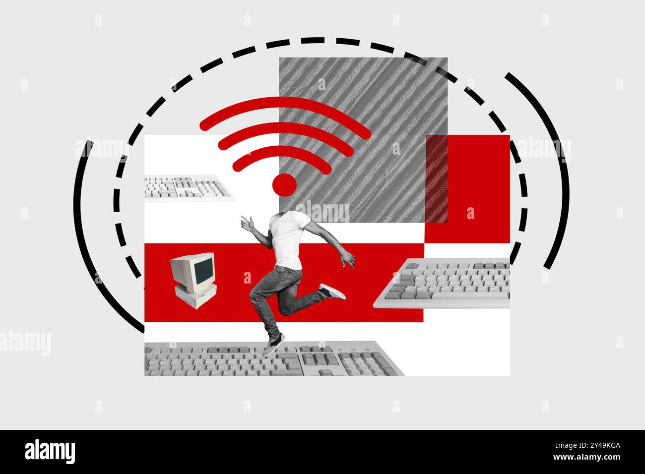 Creative collage headless man run wifi internet signal access broadcast ...