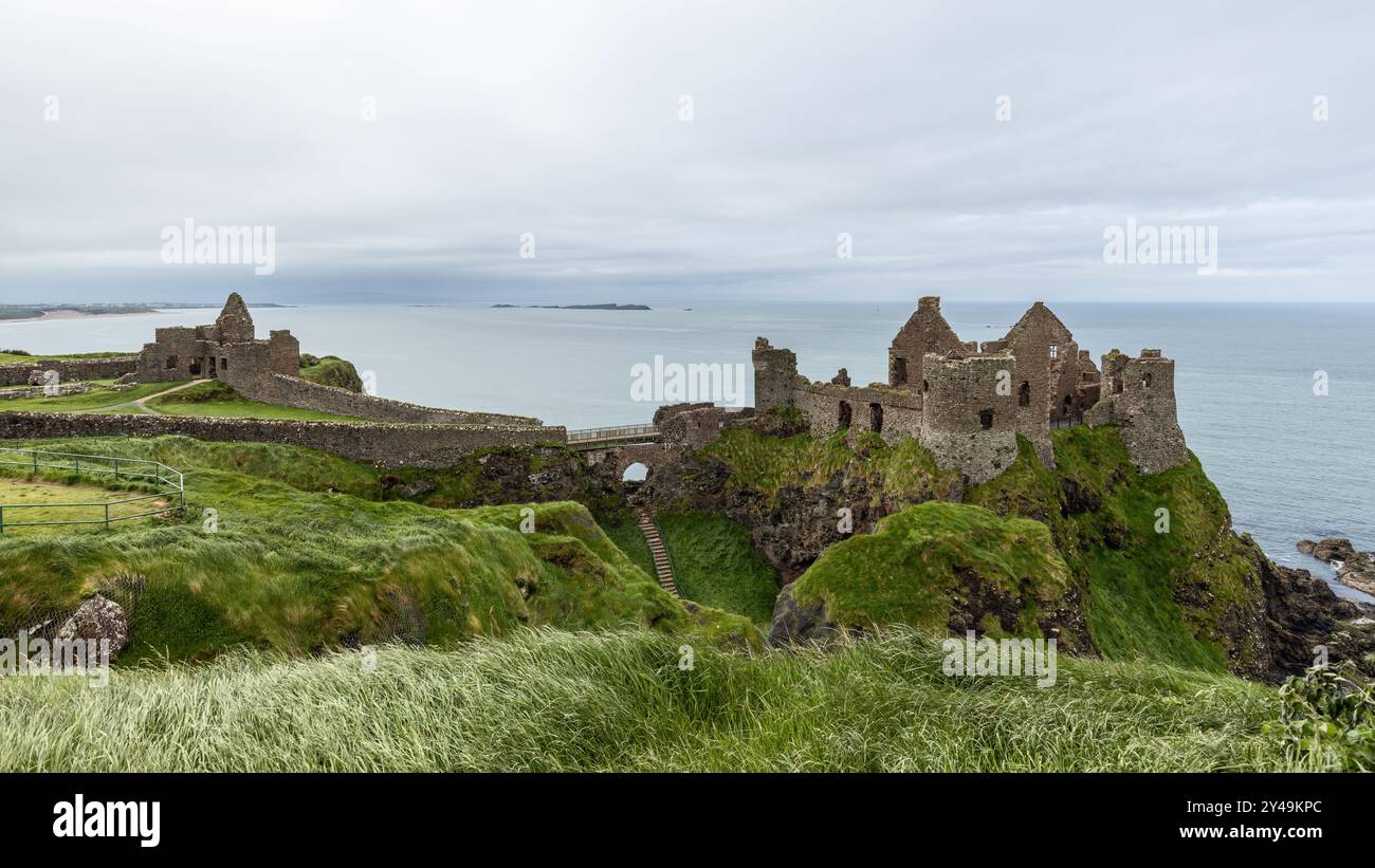 Panoramic view of Dunluce Castle and its surrounding structures on a ...
