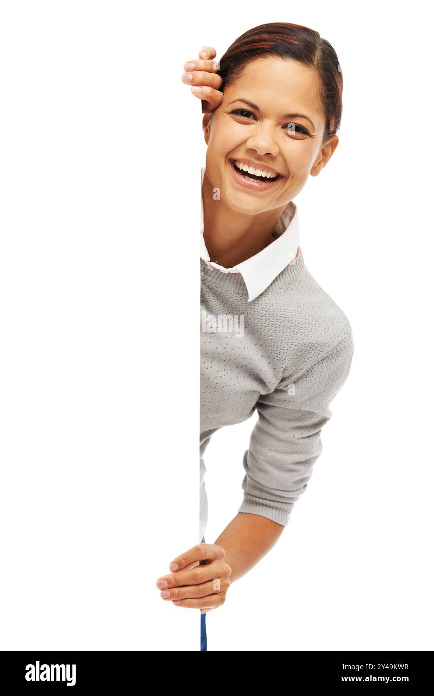 Portrait, woman and poster as school teacher with mock up space on white background. Female ...