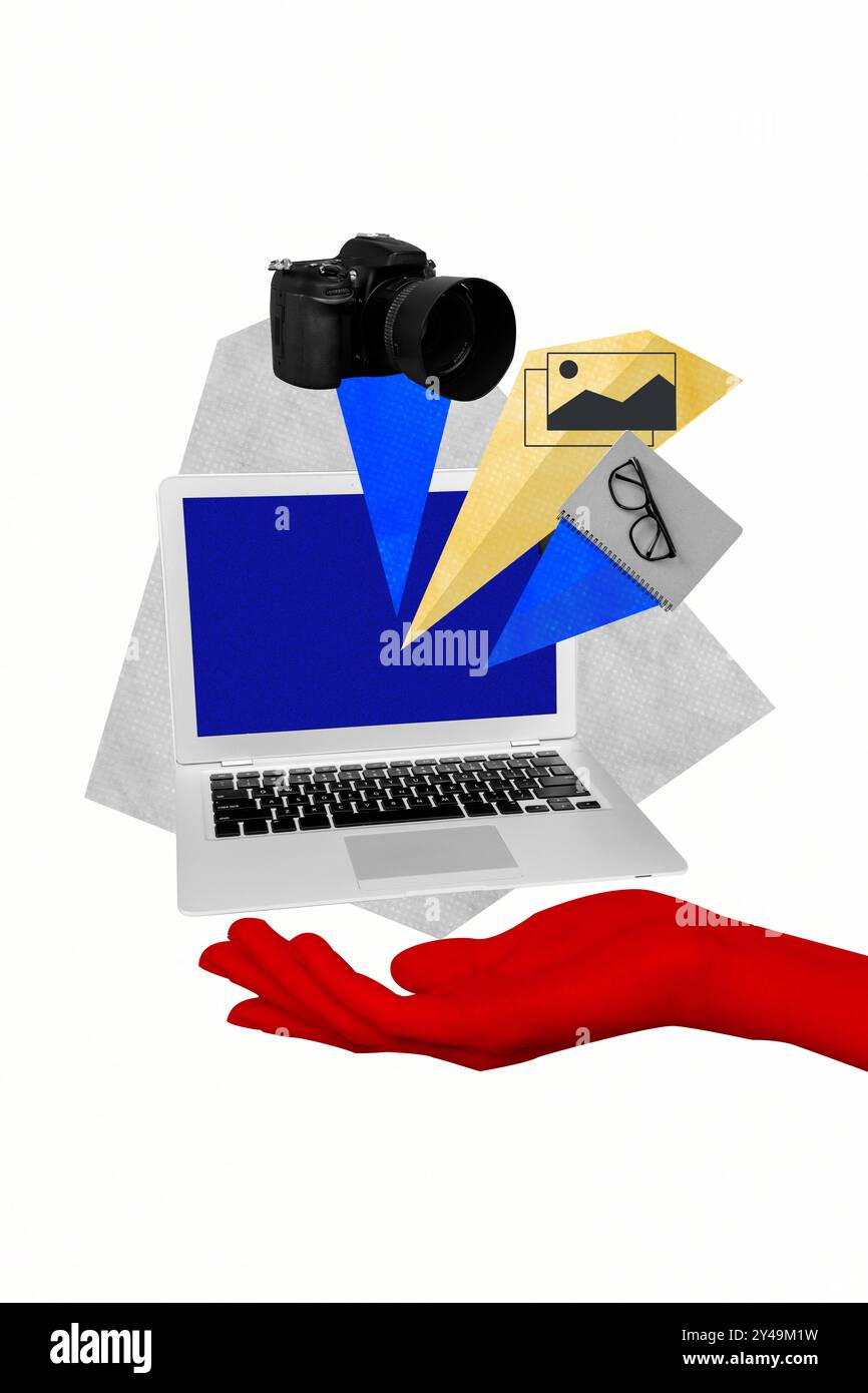 Vertical photo collage of hand show modern laptop camera device folder ...