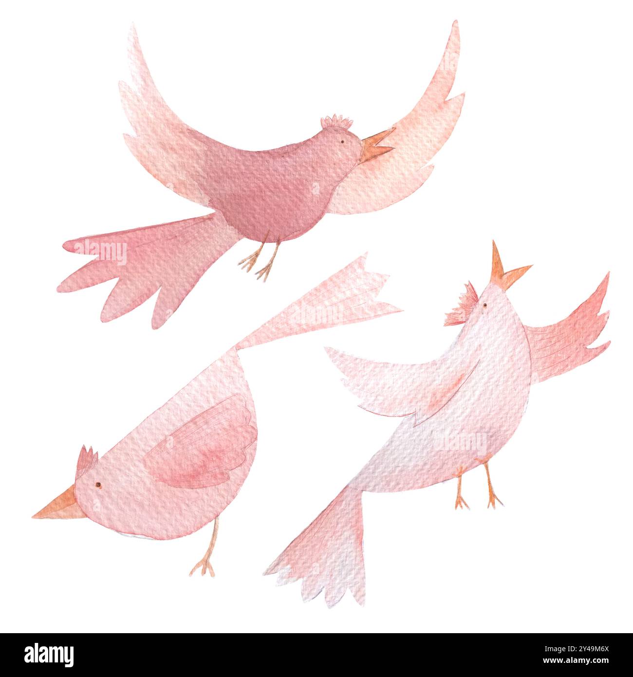 Pink chicks flying, singing, looking, cartoon stile character, hand ...
