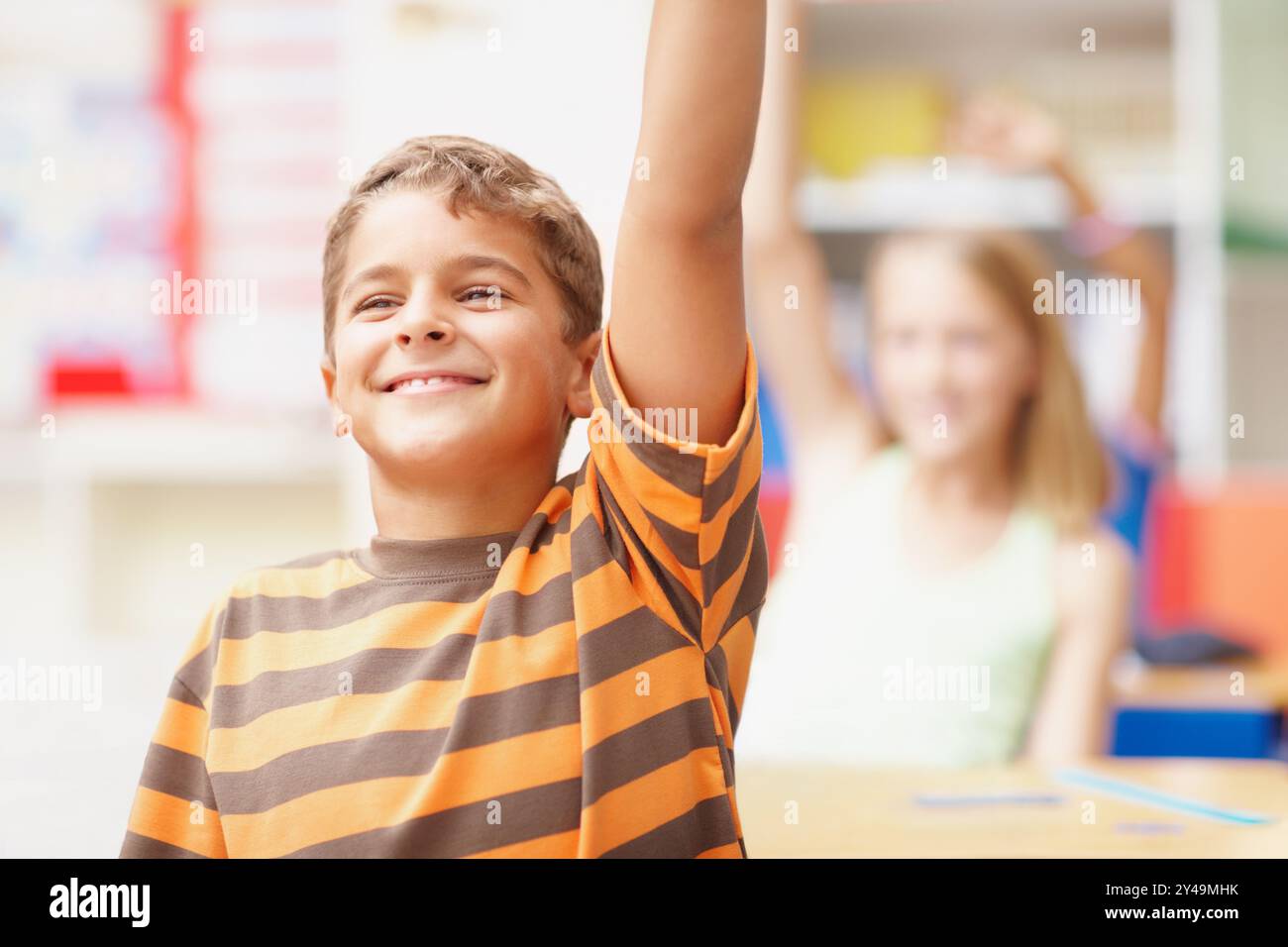 Question, student and answer teacher in classroom for learning ...