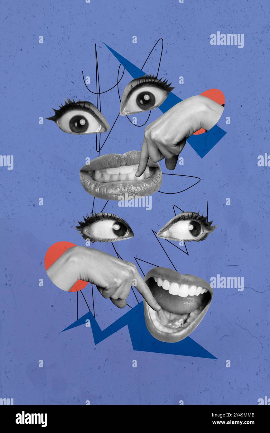 Vertical photo collage of female faceless eyes lips hands point mouth ...