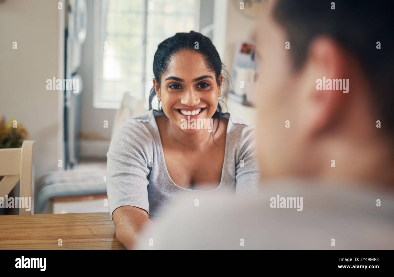 Love, happy and couple in home for talking, conversation and relaxing ...