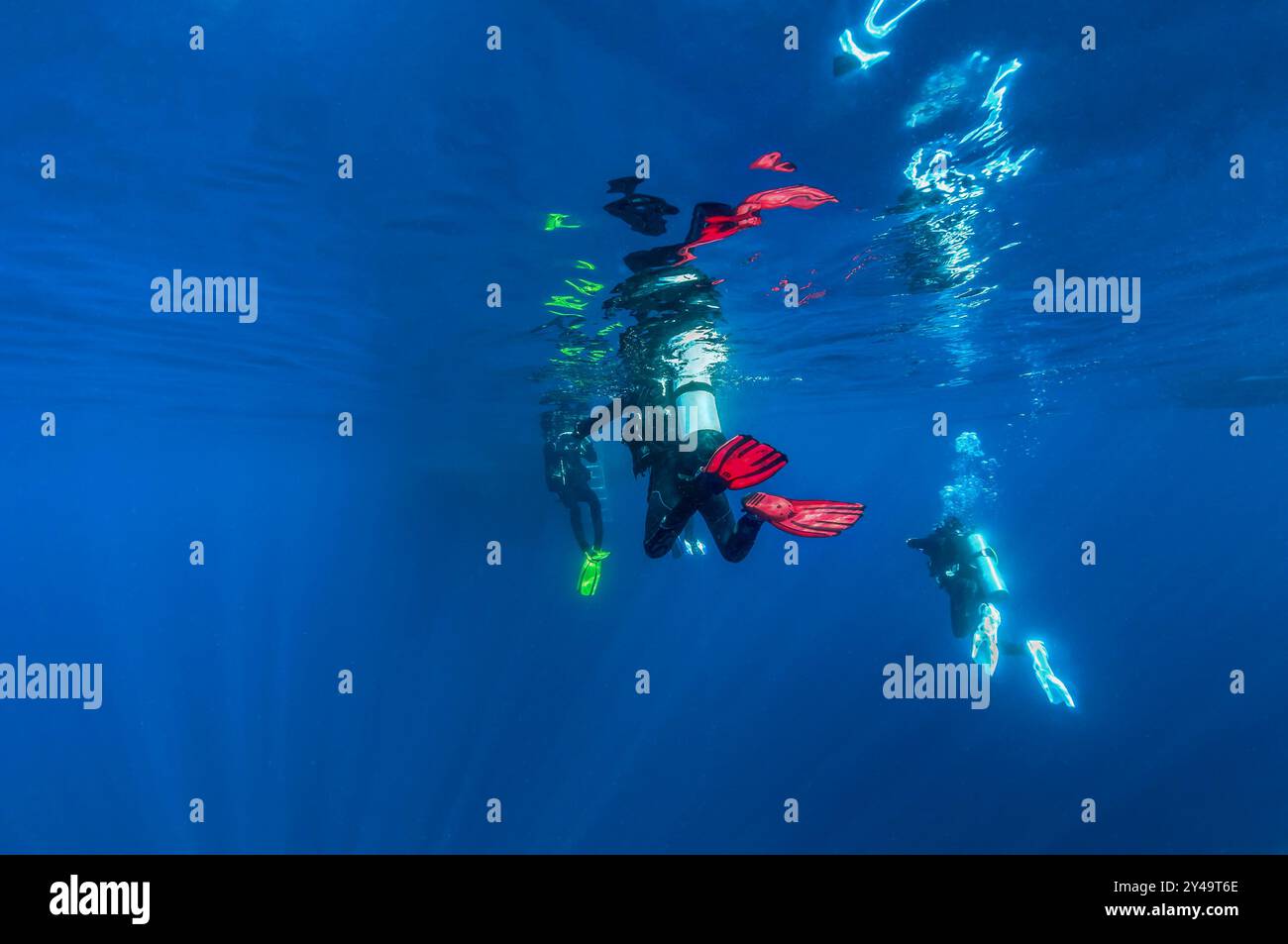 Colourful small group of divers waiting to return to the boat, the ...