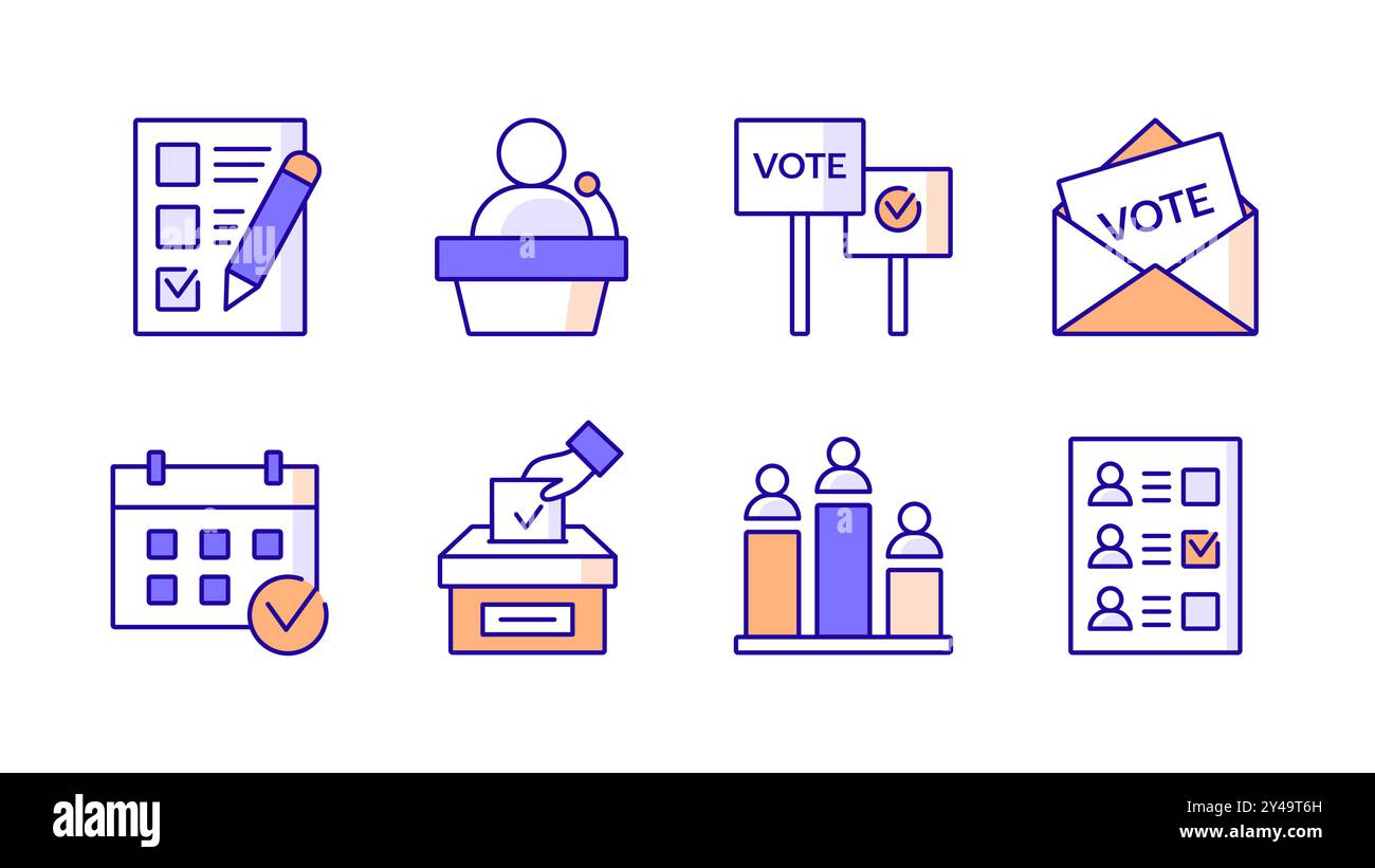 Collection of election day icons. Voting colorful elements in outline ...