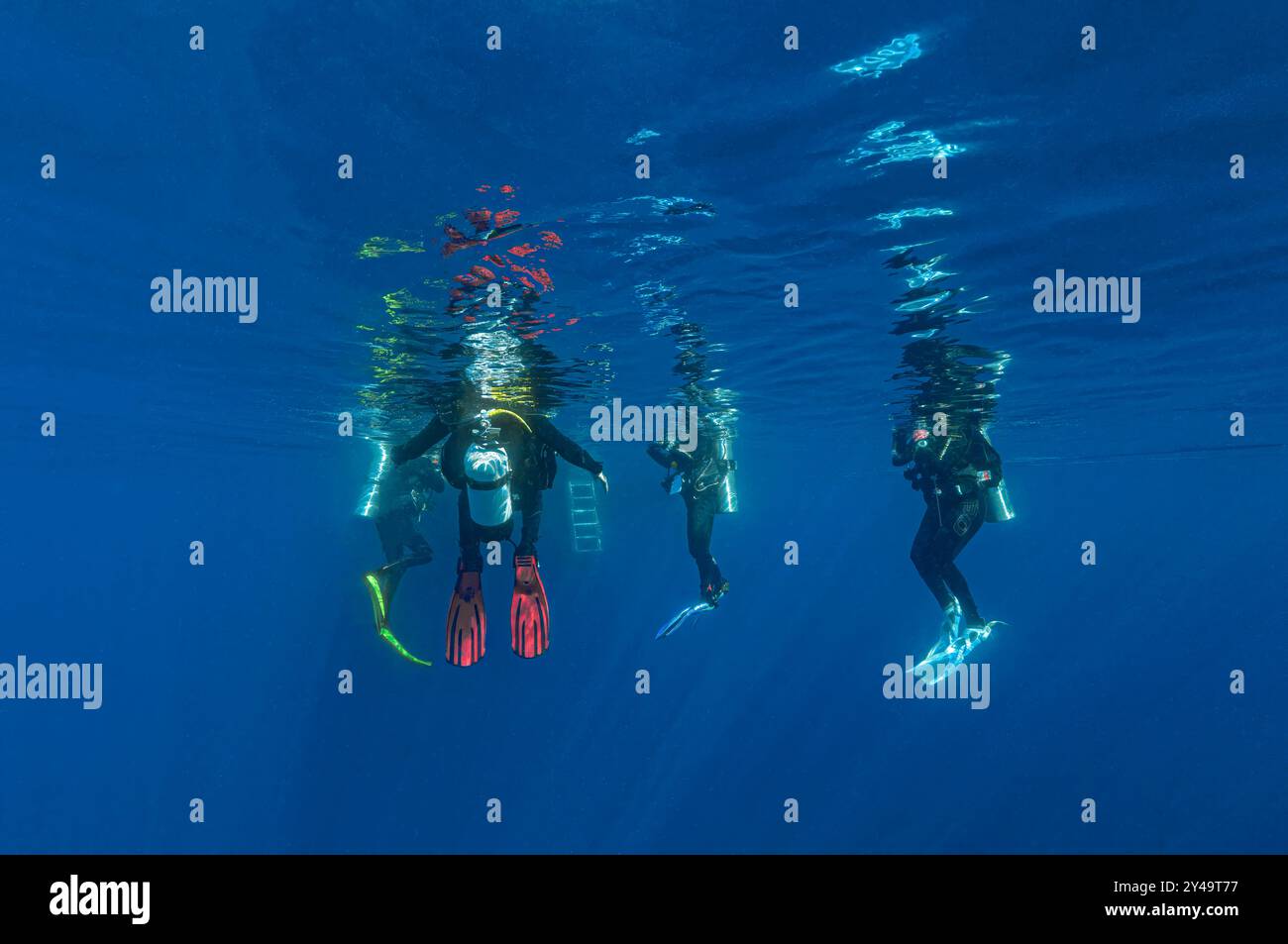Colourful small group of four divers waiting to return to their boat ...