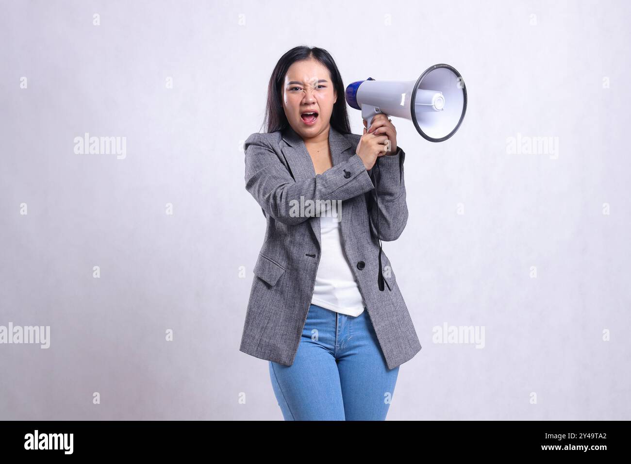 beautiful adult office woman screaming angry forward both hands holding ...