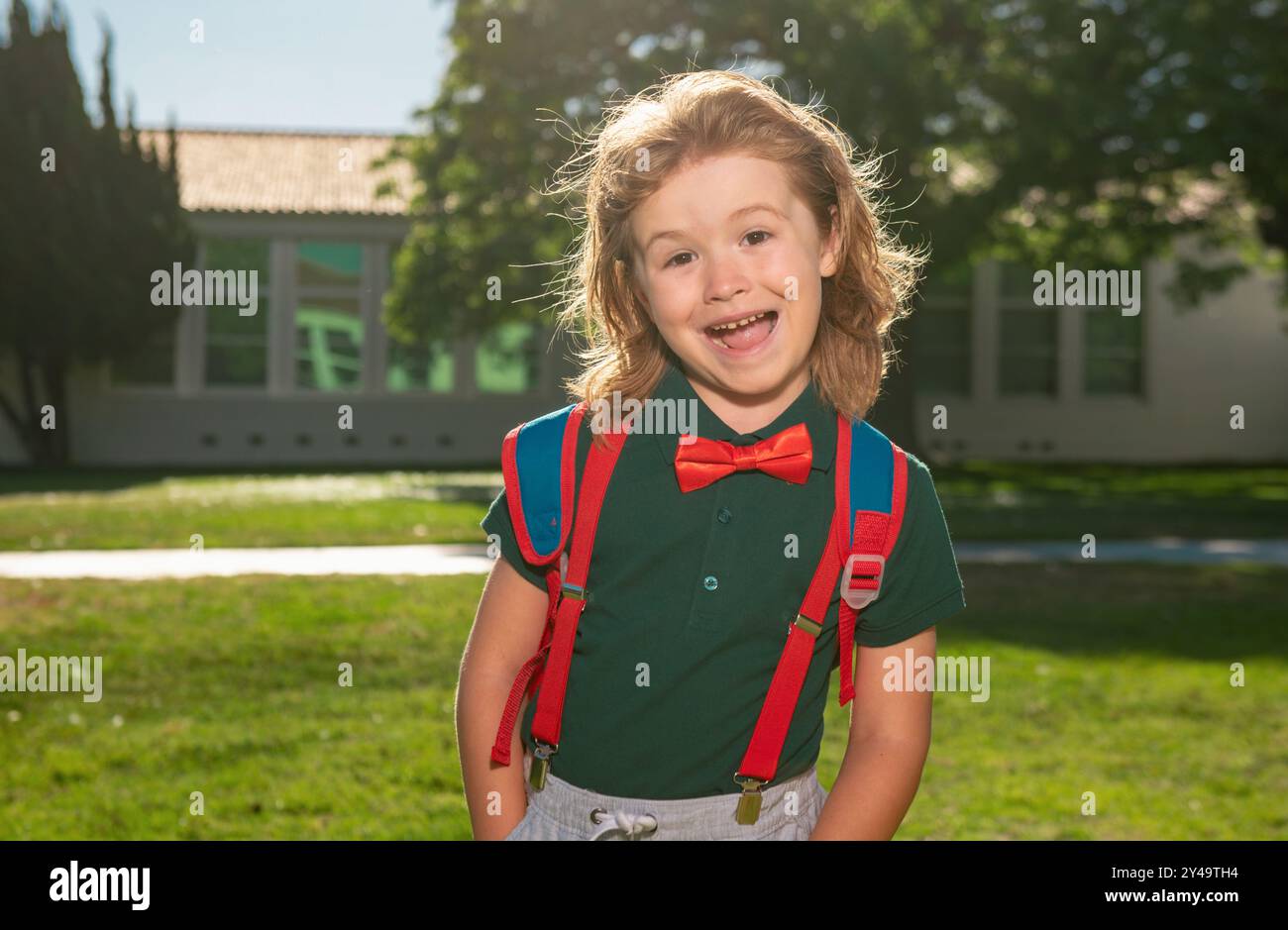 School child concept. Cute pupil, kid in school uniform with backpack ...