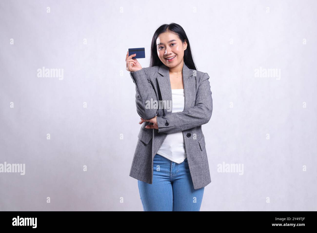 beautiful young office woman asia smiling gracefully holding atm credit ...