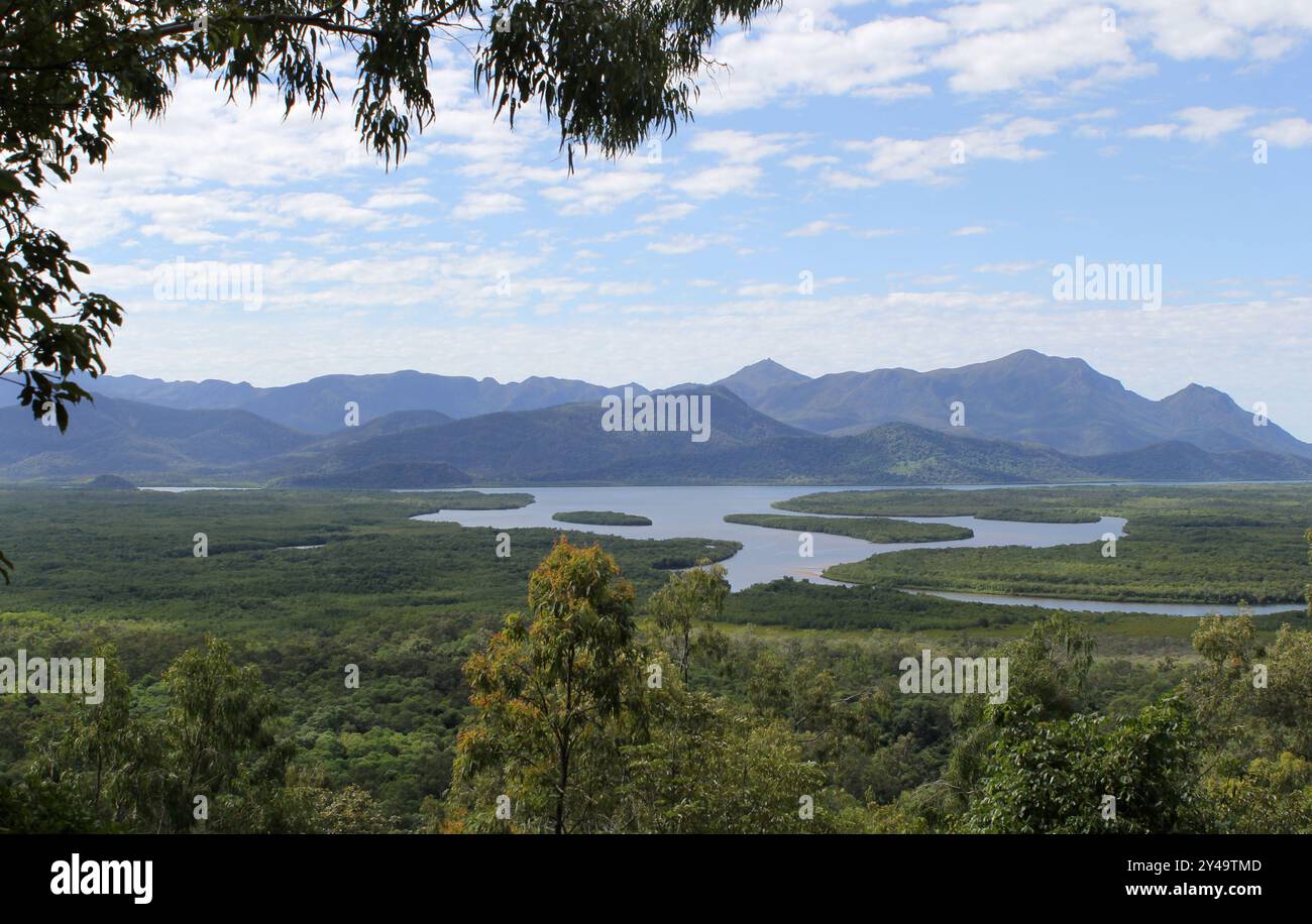 View of a river, trees and mountains from the Hinchinbrook Lookout in ...