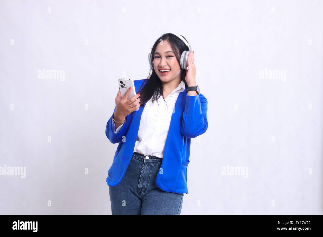 beautiful adult office girl wearing blue formal suit standing smiling ...