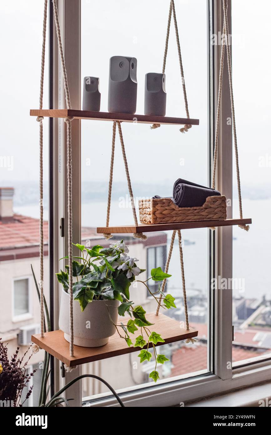 Rustic Window Shelving: DIY Rope Hanging Organizer with Indoor Plants ...