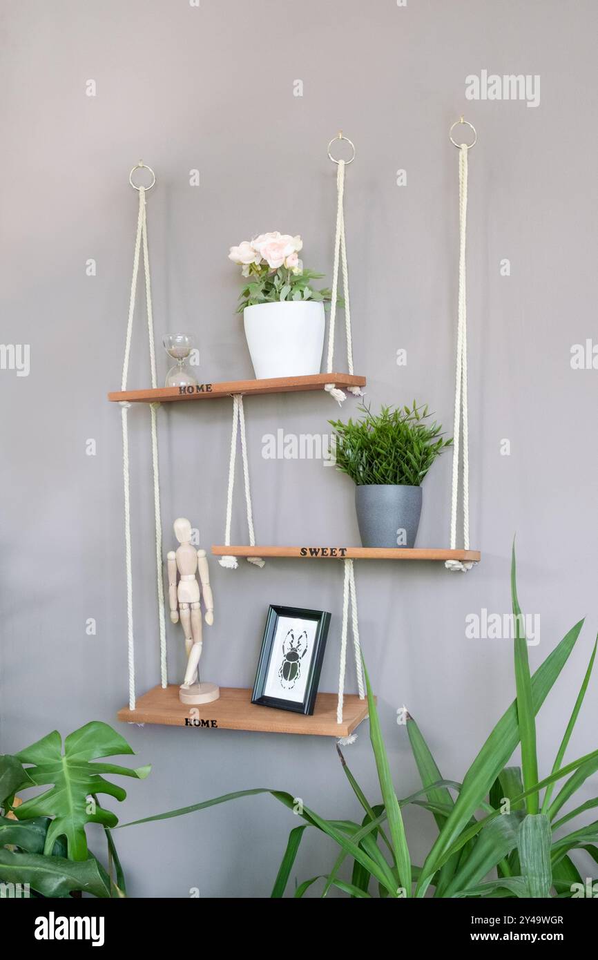 Rustic Hanging Shelves: Boho Home Sweet Home Decor - DIY Rope and Wood ...
