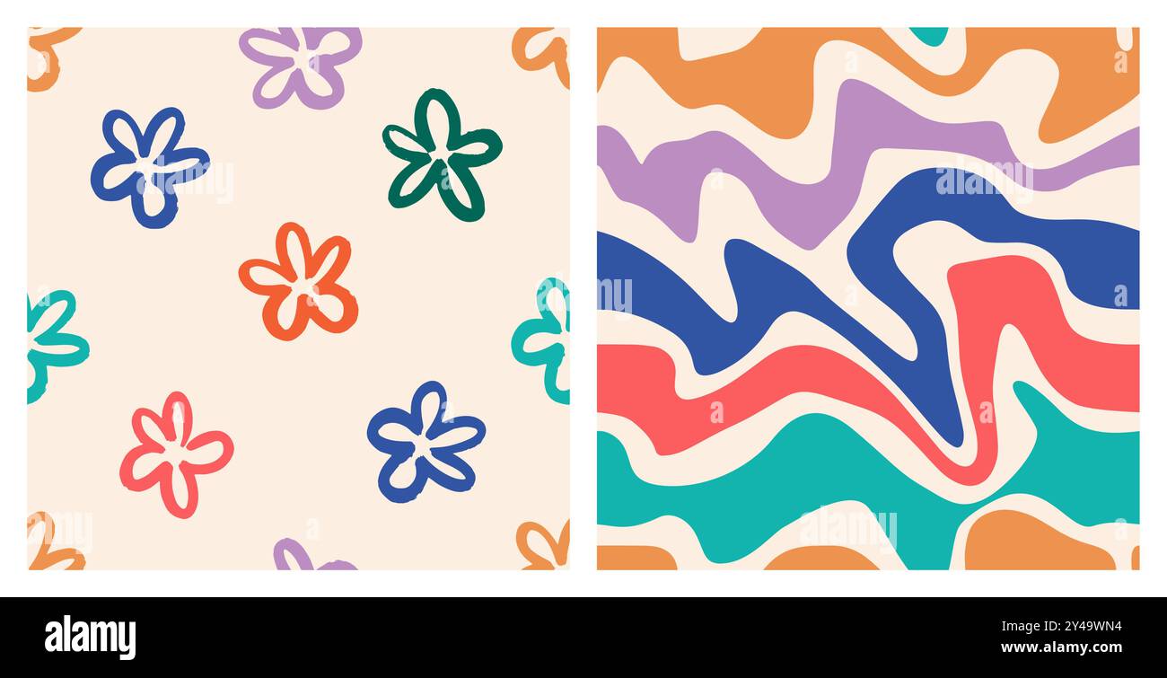 Naive playful seamless pattern set with doodle Daisy and Wavy Swirl ...