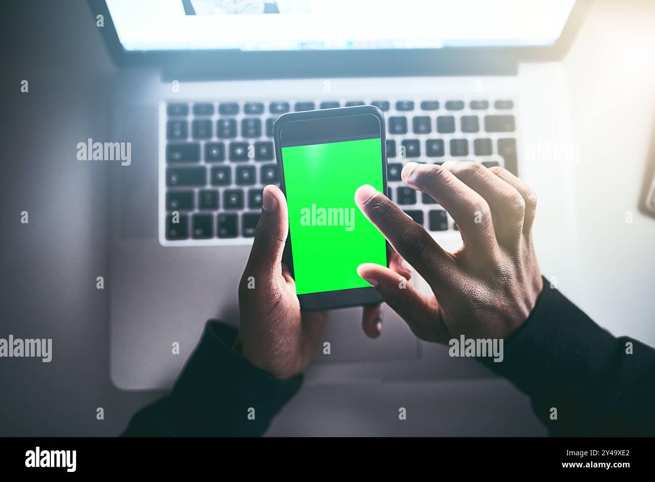 Hands, laptop or man with phone for green screen, hacking mockup space ...