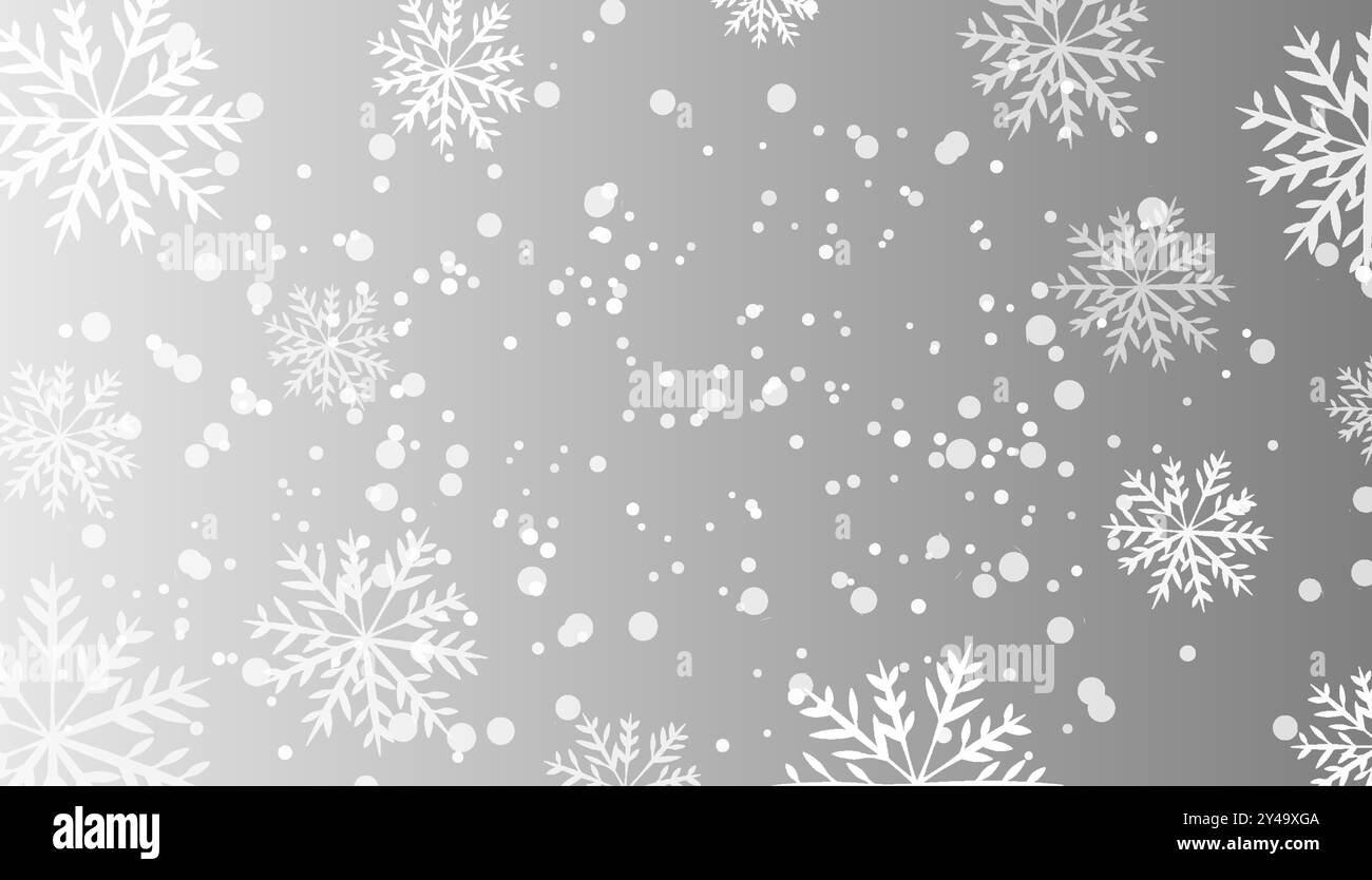 White snowflakes of various sizes on a gray background with a bokeh ...