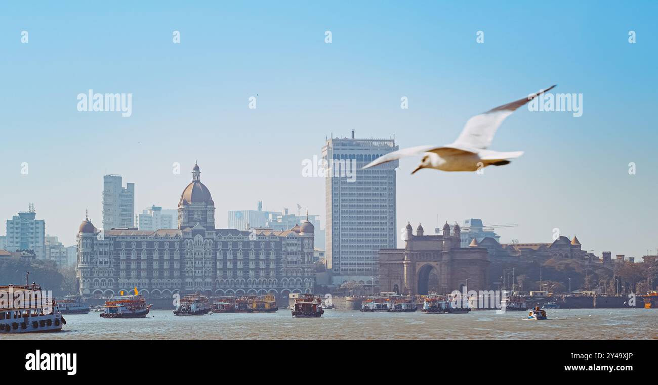 Mumbai, India. Many Boats with Tourists floating on the Arabian Sea. Tourists boats floating ...