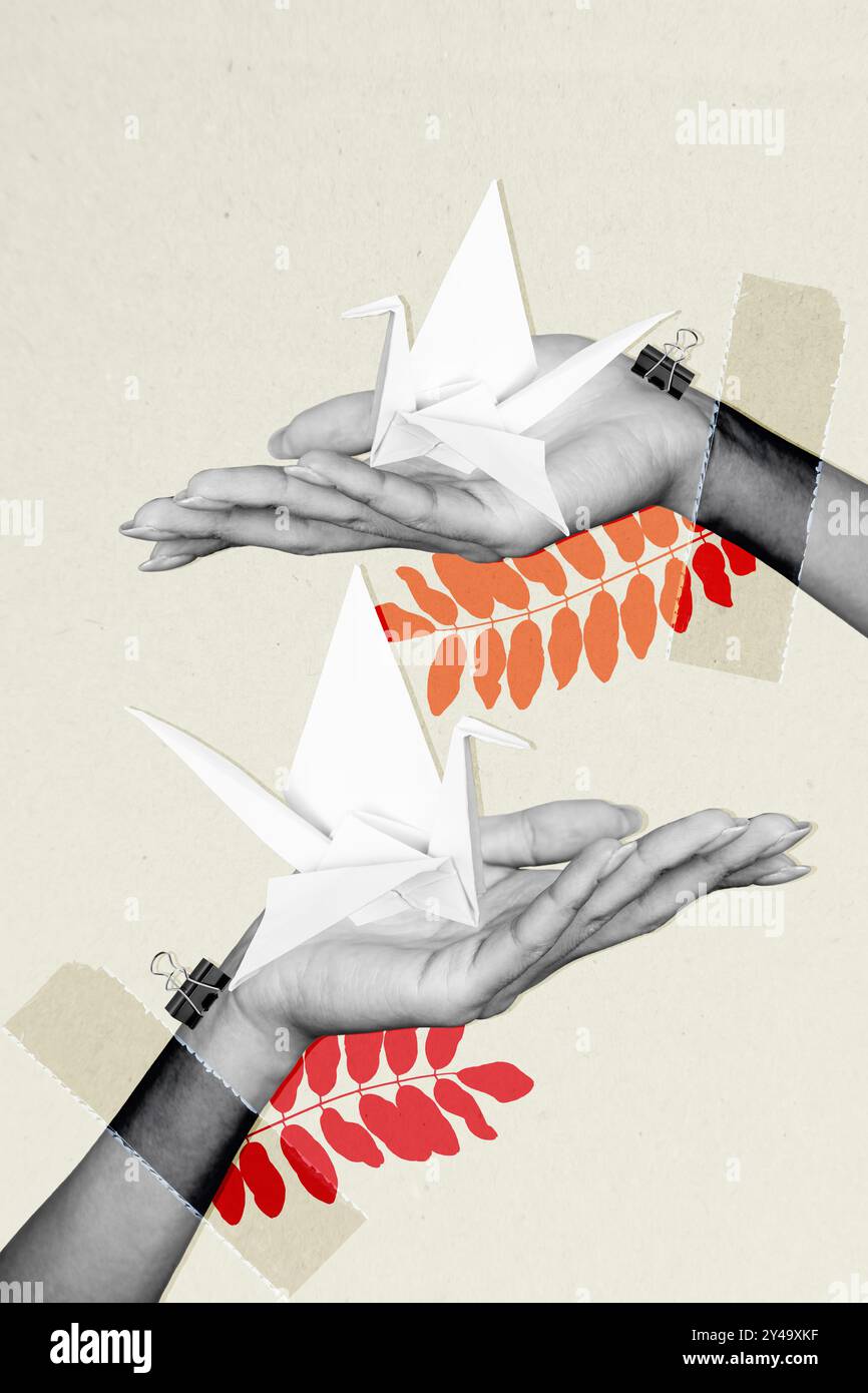 Vertical composite artwork collage image picture of two arms hold paper ...