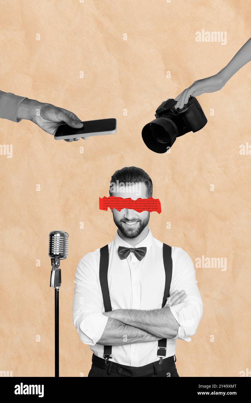 Vertical collage young handsome gentleman camera shoot capture photo ...