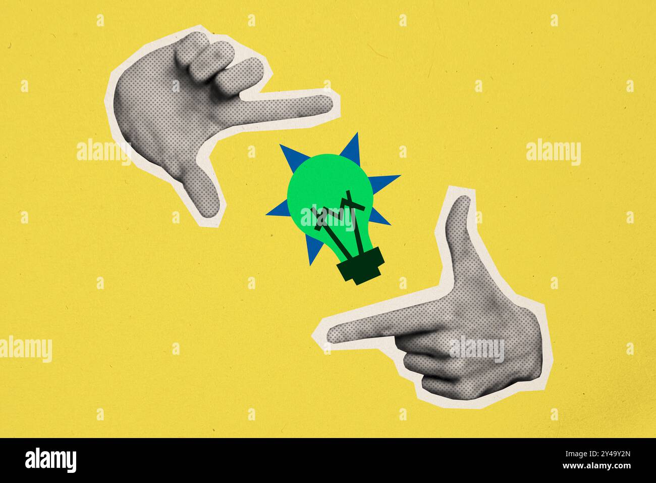 Composite photo collage of photographer hands focus gesture light bulb ...