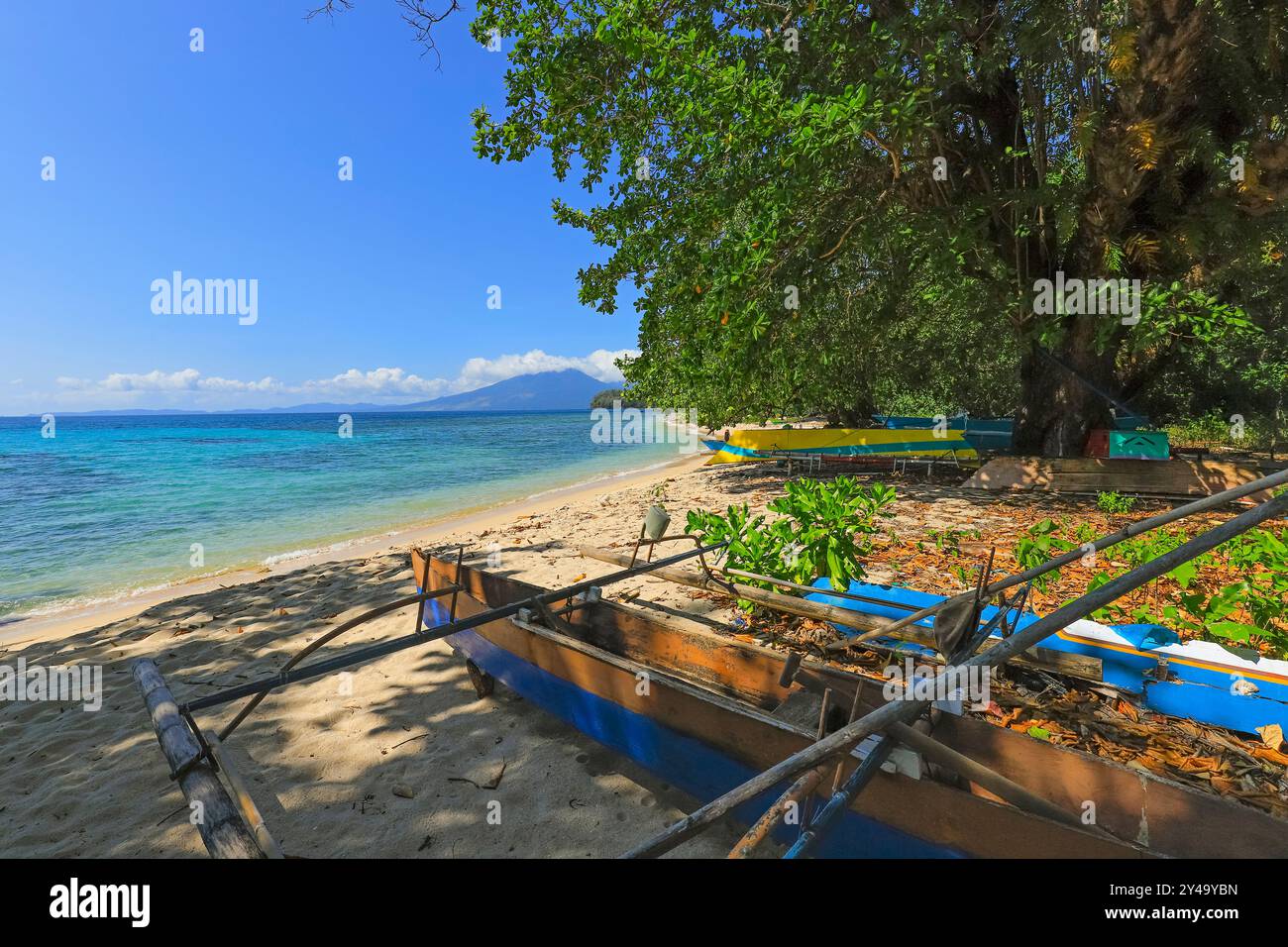 Outrigger canoes on Pulisan white sand beach with Tangkoko mountain ...