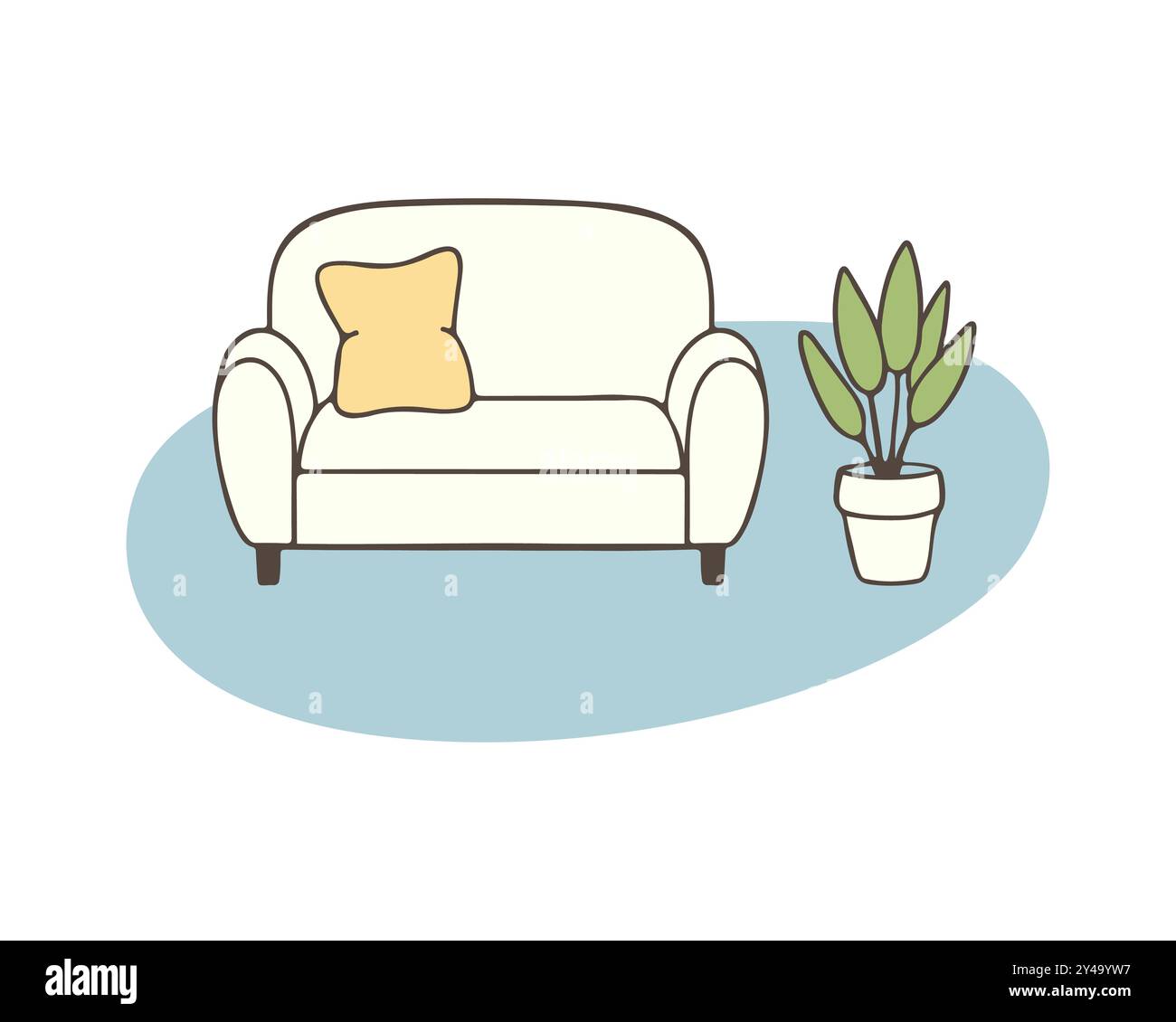 Cozy home interior with sofa with yellow pillows and an indoor flower ...