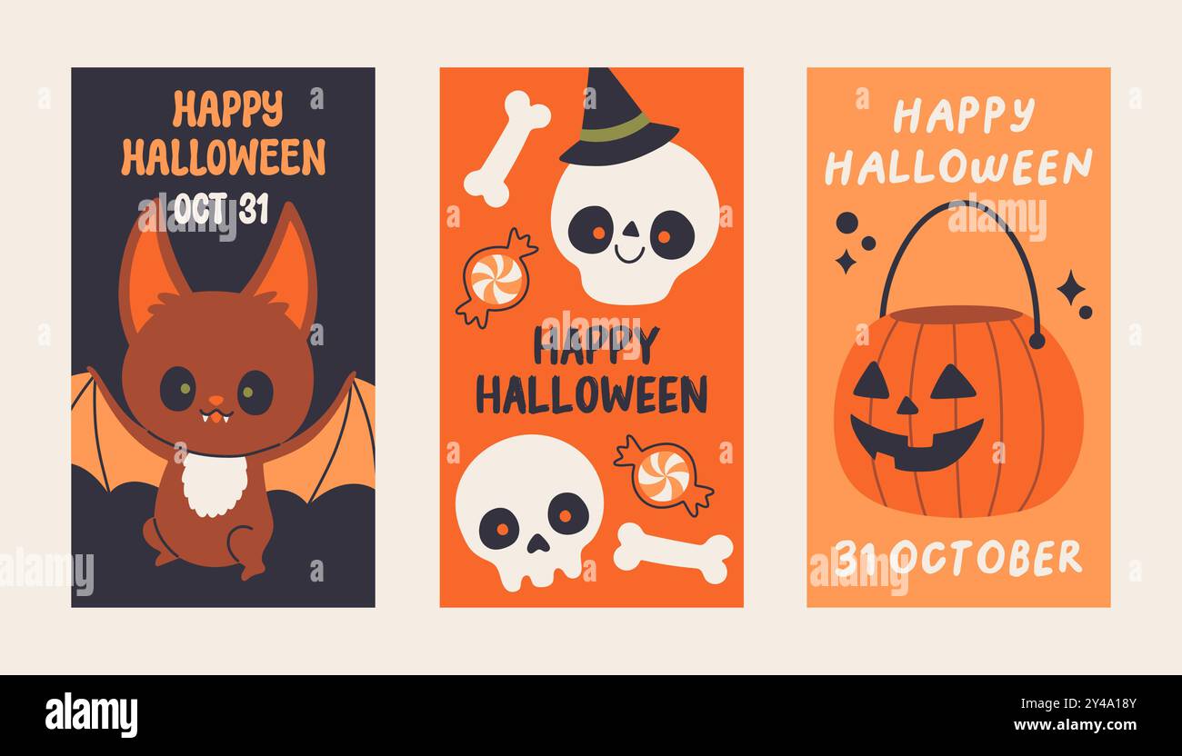 Halloween poster set. Trendy flat style and funny characters. Cute ...