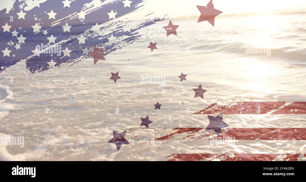 Image of flag of usa over sea and beach Stock Photo - Alamy