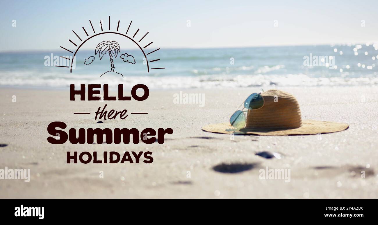 Image of hello there summer holidays text over straw hat and sunglasses ...