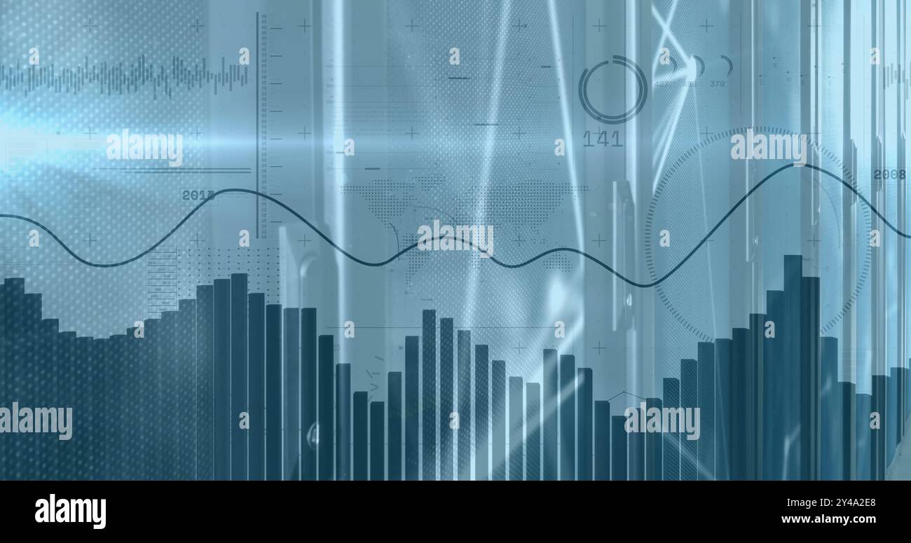Image of financial data processing with light trails over server room ...