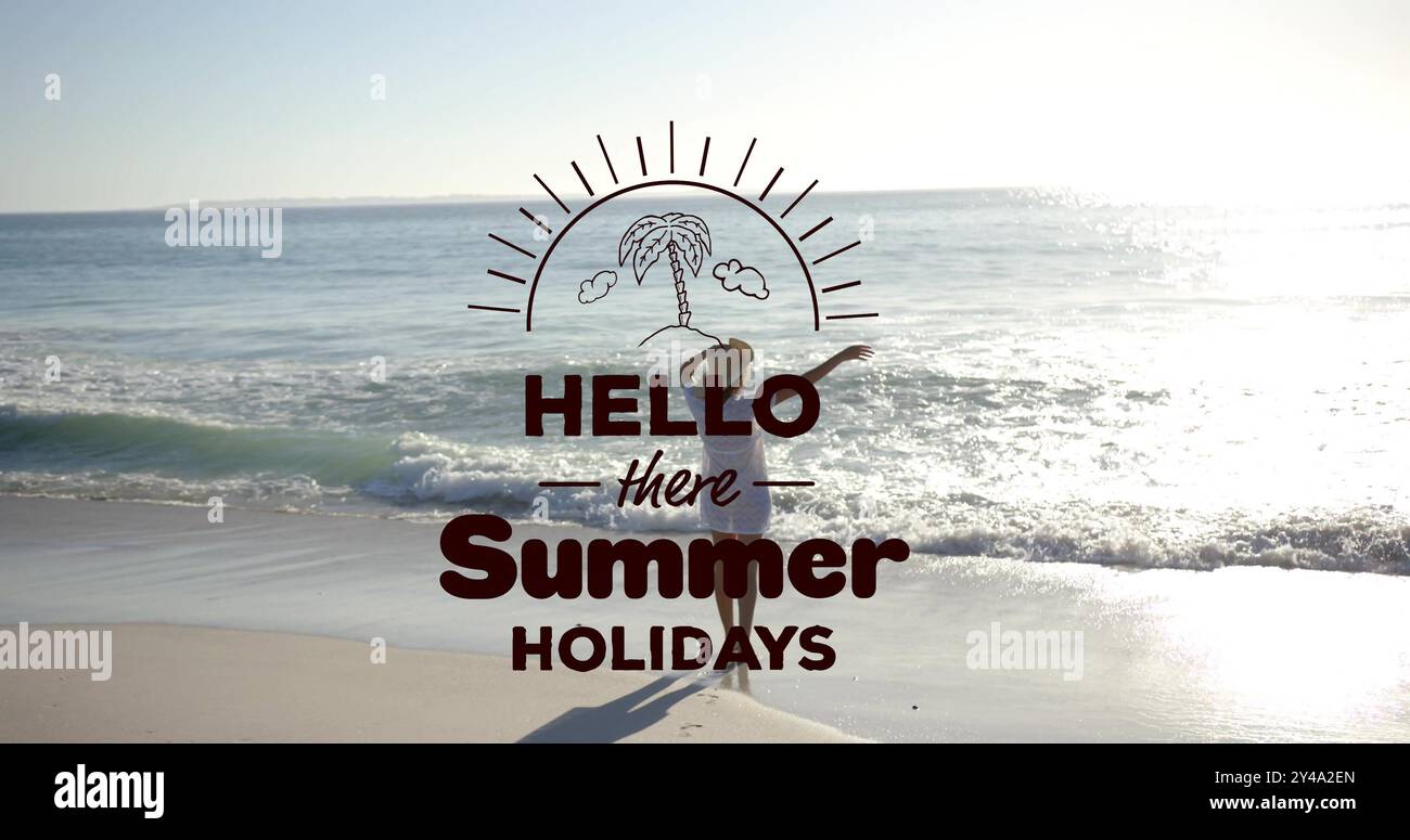 Image of hello there summer holidays text over biracial woman walking ...