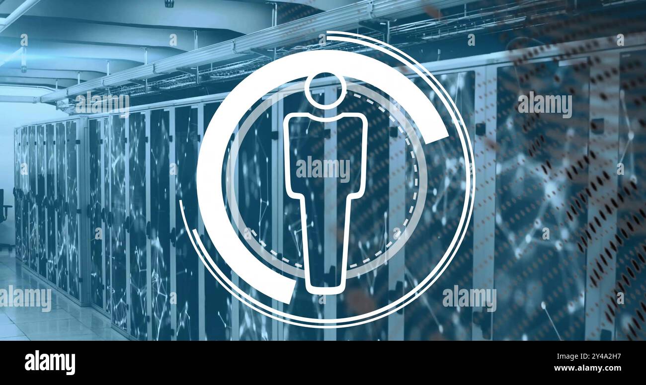 Image of circular scanner and person icon and networks over computer server room Stock Photo - Alamy