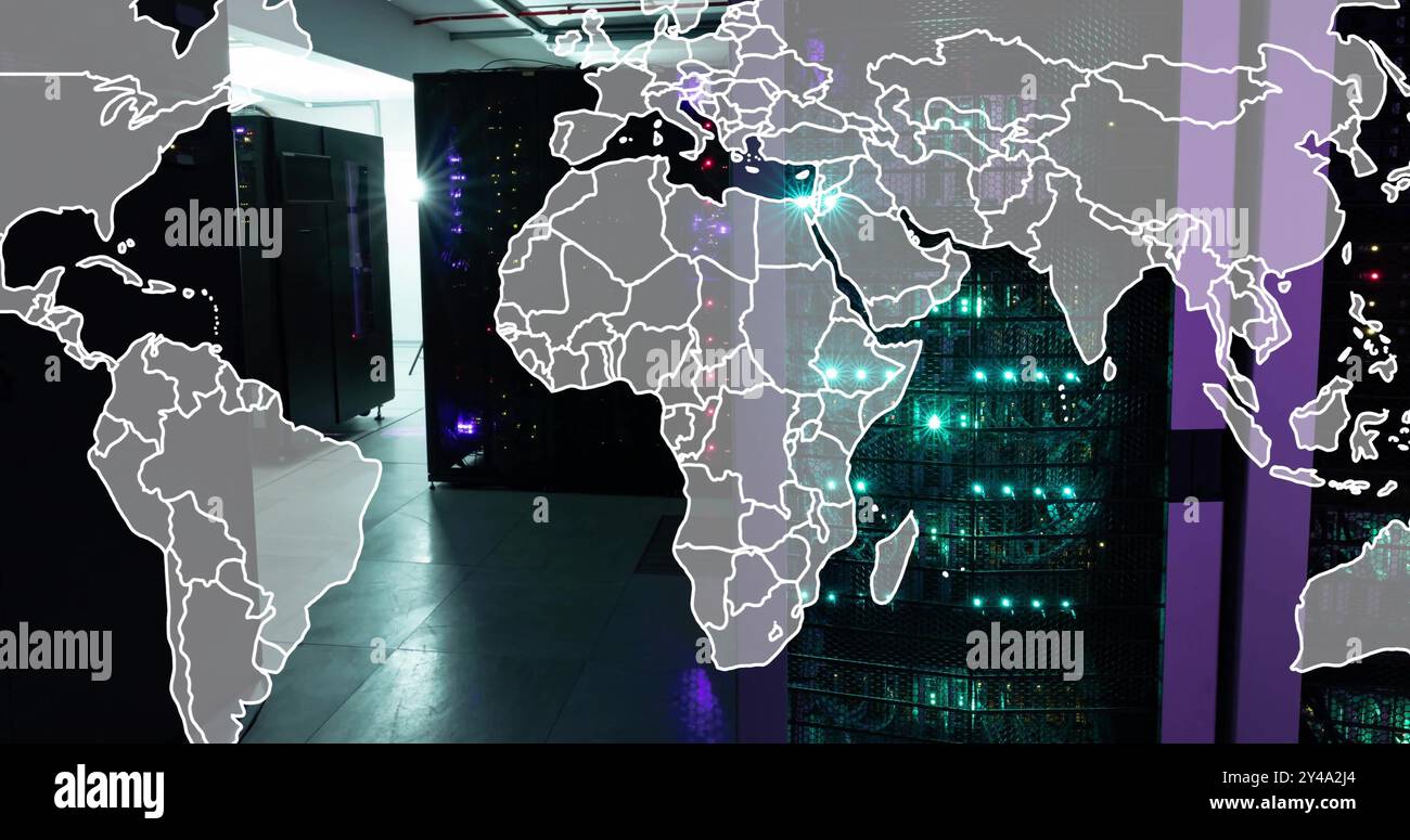 Image of grey world map over glowing computer servers in server room ...