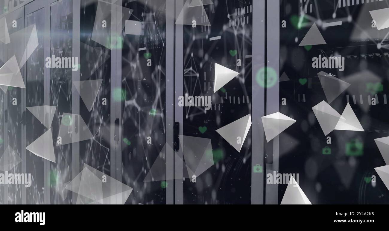 Image of floating 3d grey pyramids, green icons and networks over ...