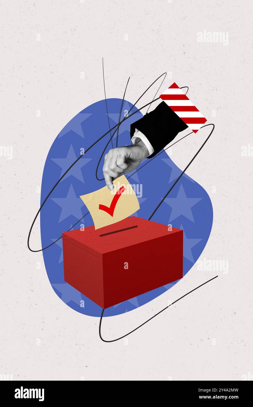 Vertical photo collage of hand hold paper sheet ballot election process ...