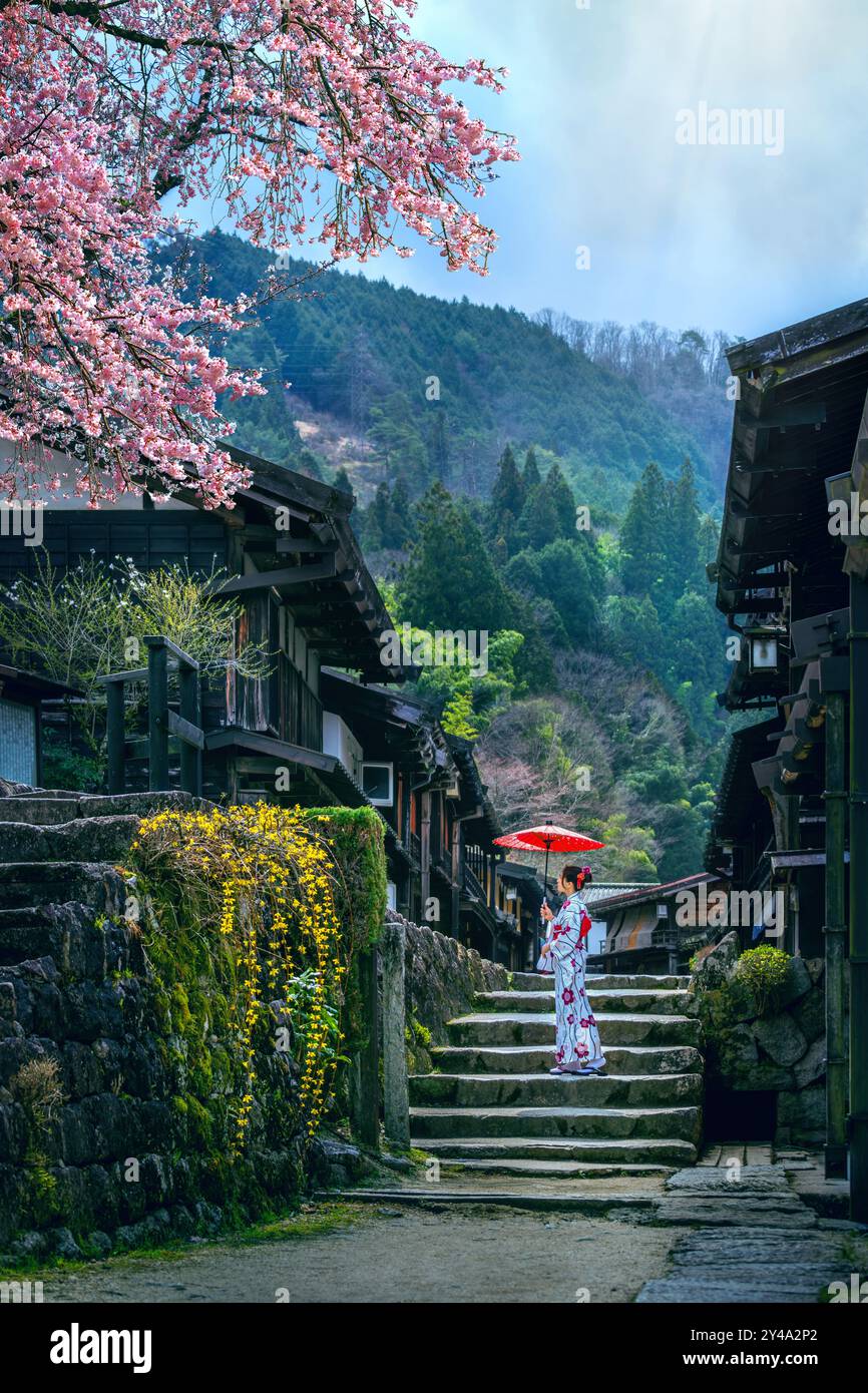 Old town of Tsumago juku in spring. Asian woman wearing japanese ...