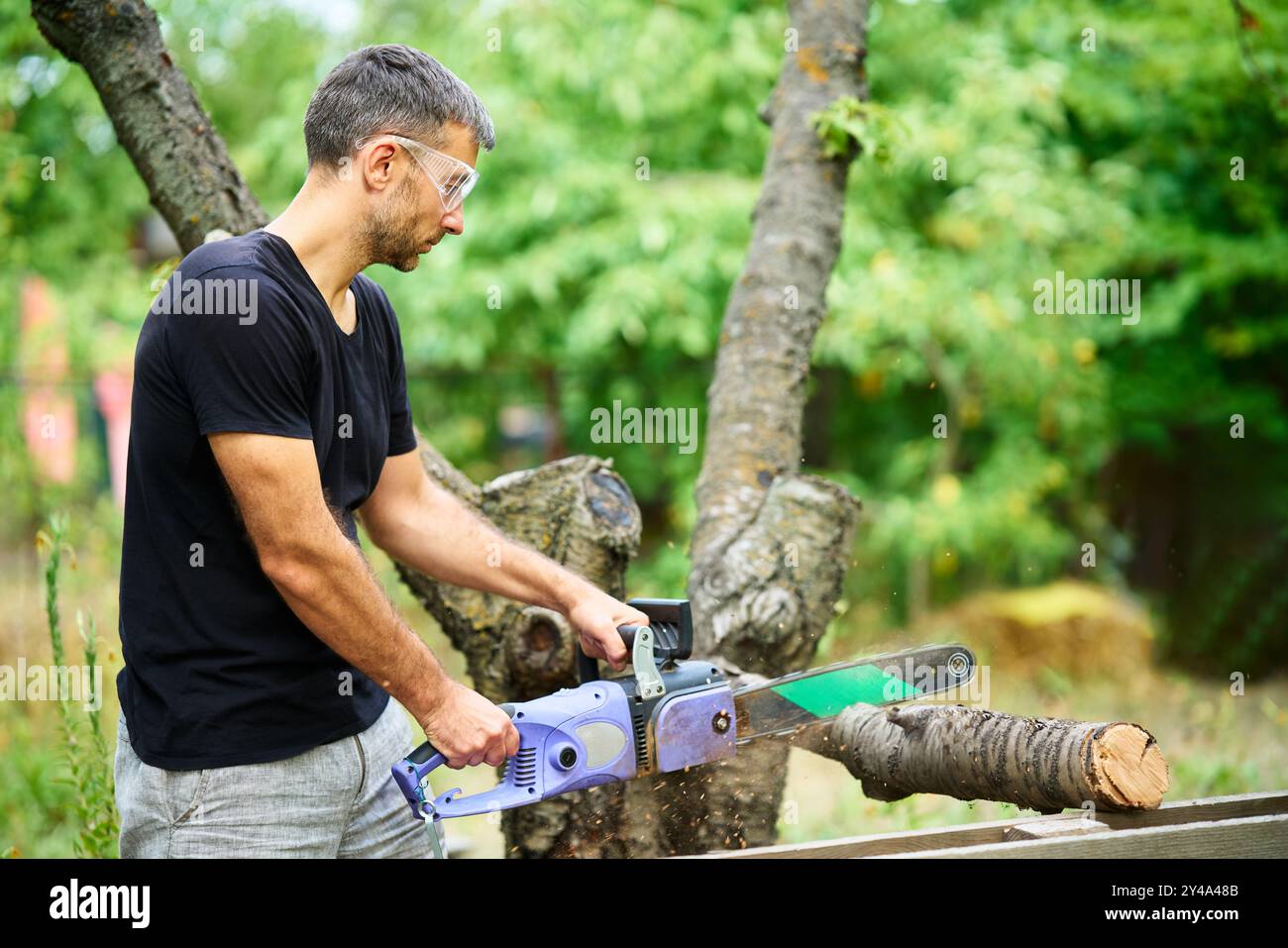 Handsome man using chainsaw for cutting tree branches at his backyard ...
