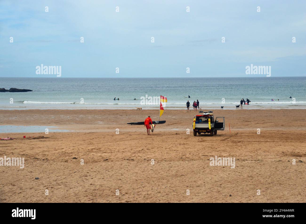 RNLI Lifeguard and Ford Ranger Vehicle on the Beach in Treyarnon Bay on ...