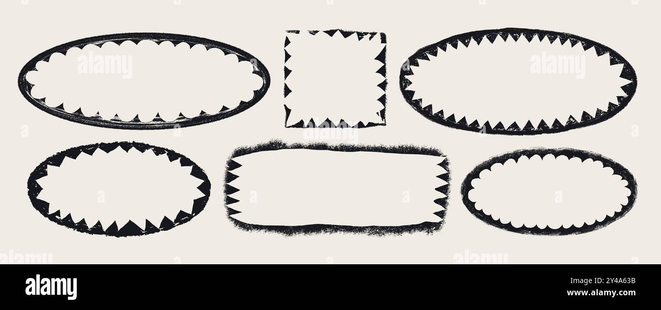 Rectangle and oval shape frames with rough textured edges. Grunge style black frames with ripped ...