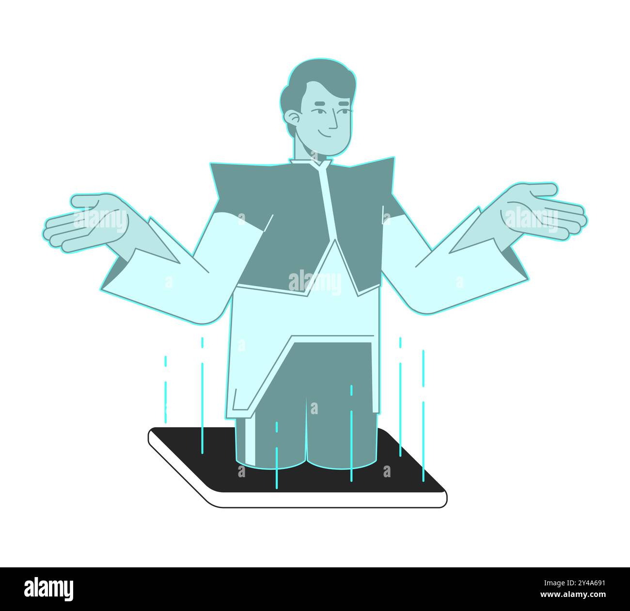 Futuristic hologram man out of phone screen black and white 2D line ...
