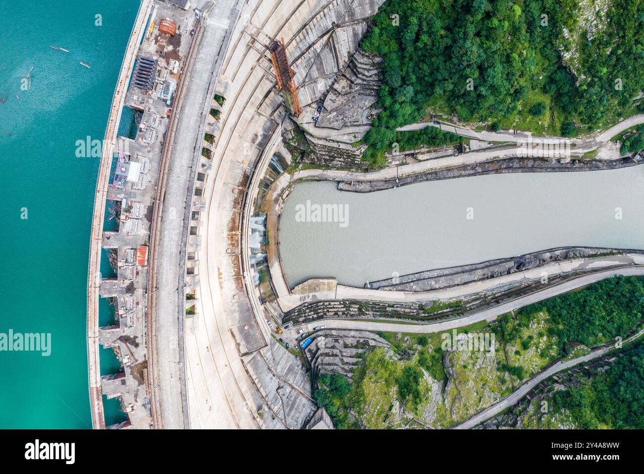 Top-down aerial view of Enguri dam in Georgia with reservoir and water ...