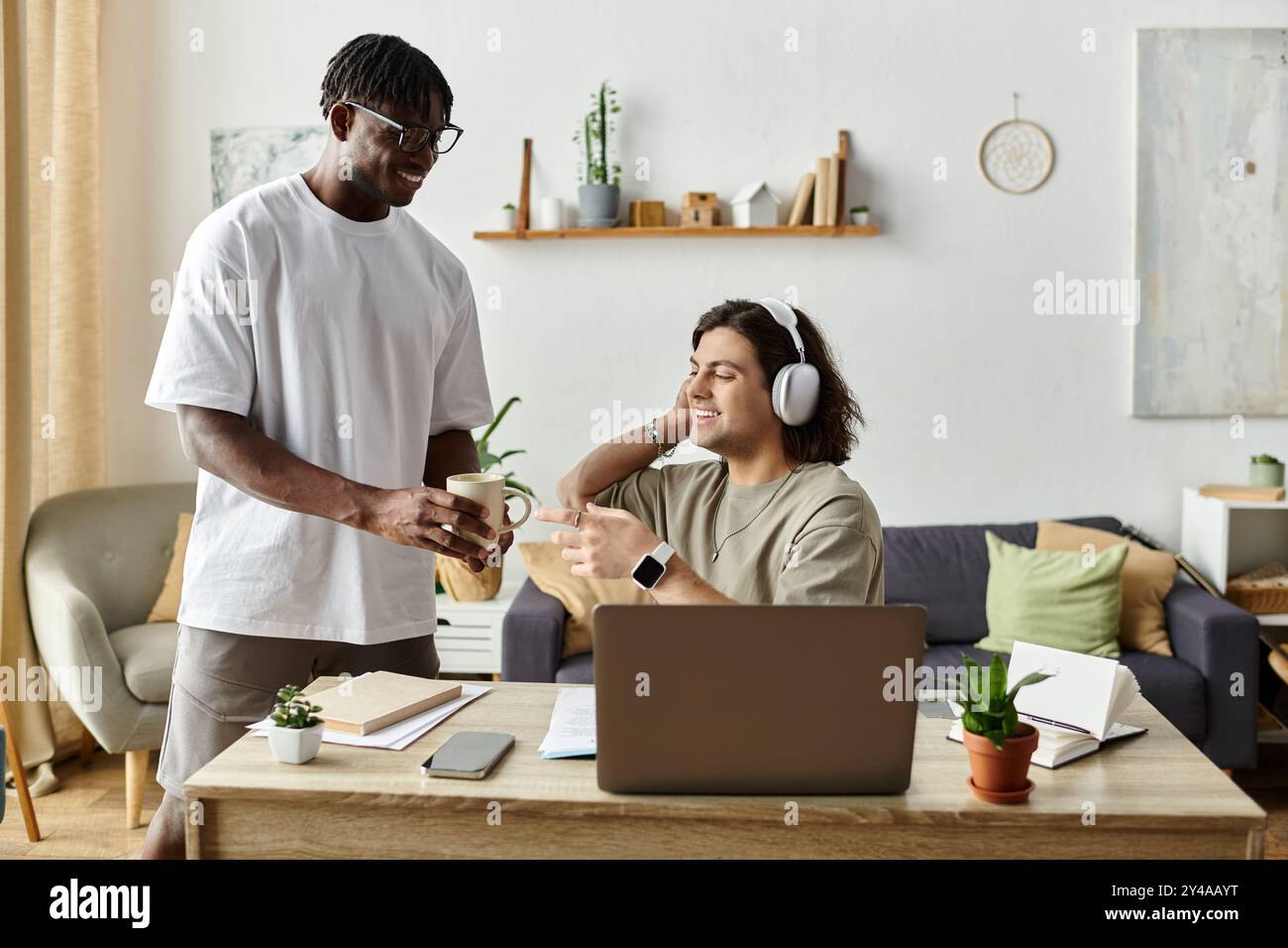 Two partners delight in each other while engaging in daily activities ...