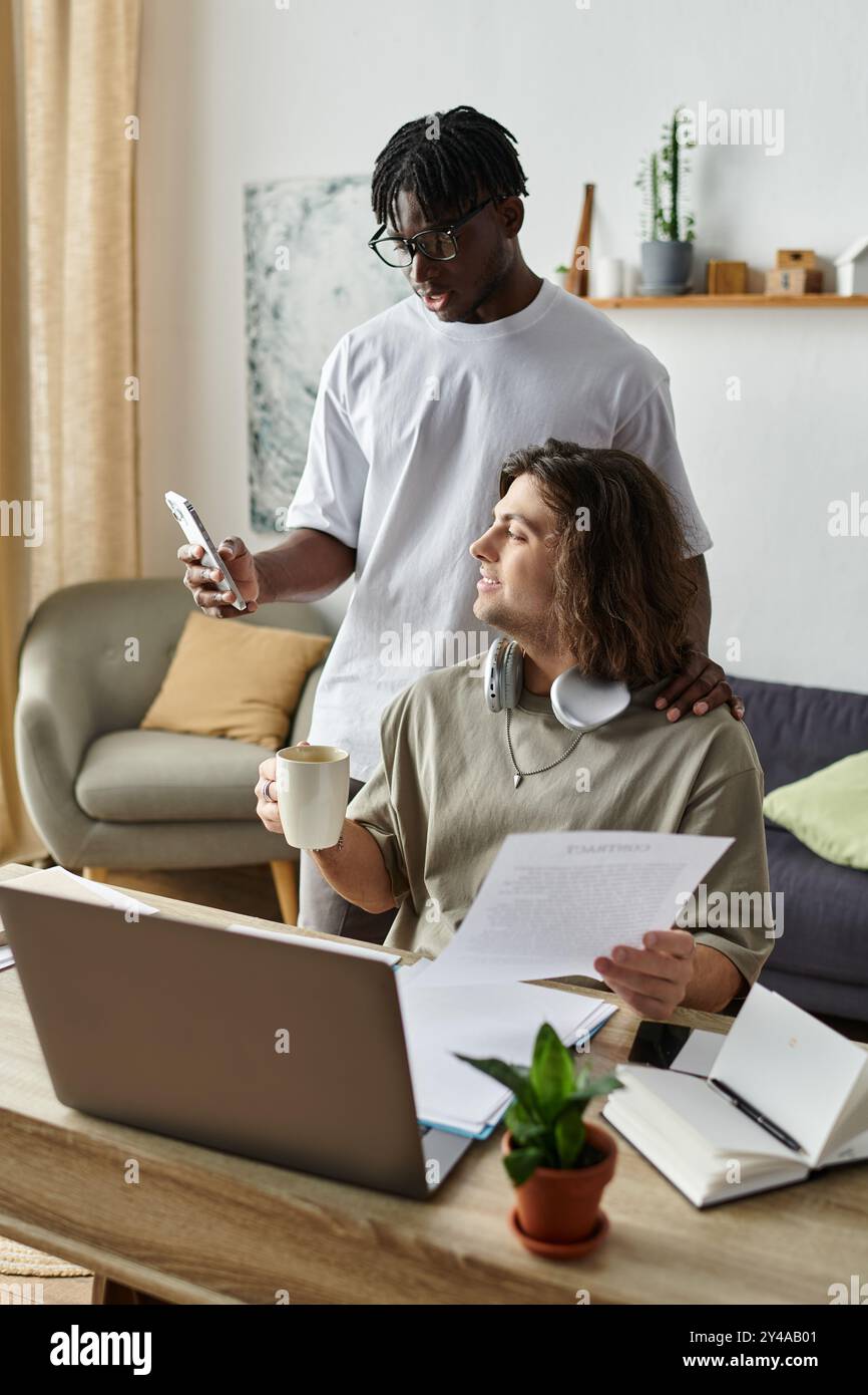 Two partners share a warm moment at home while engaging in their daily ...