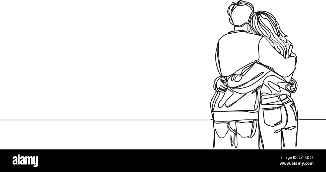continuous single line drawing of couple hugging, rear view of man and ...