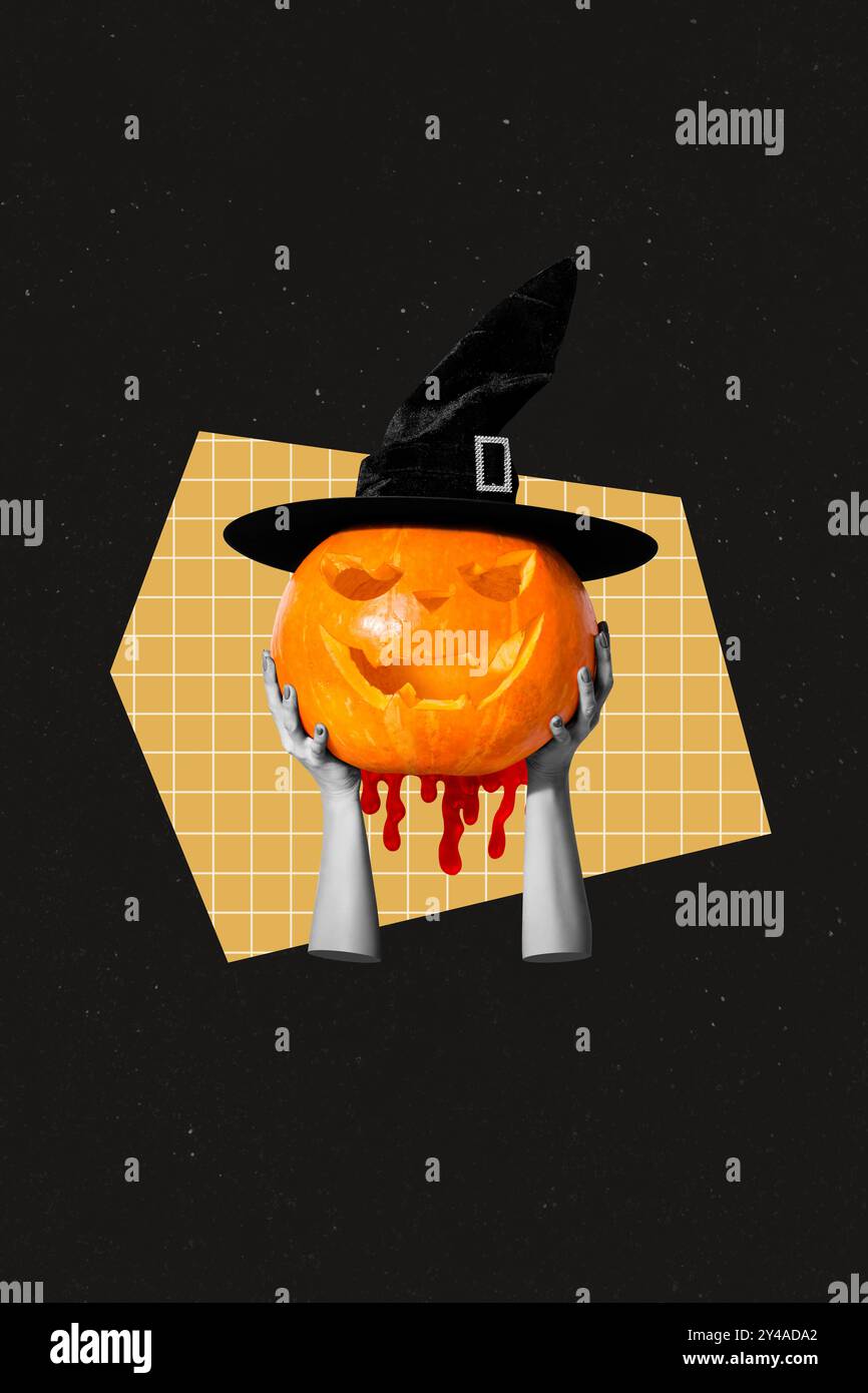 Vertical photo collage of hands hold carved jack pumpkin blood drops ...